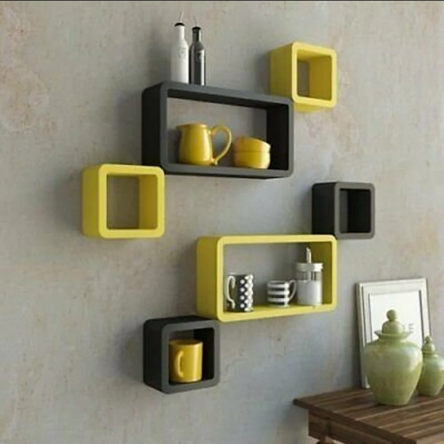 Wall Rack Shelves Set of 4 Cube & 2 Rectangle Shelves Storage ( Black ...